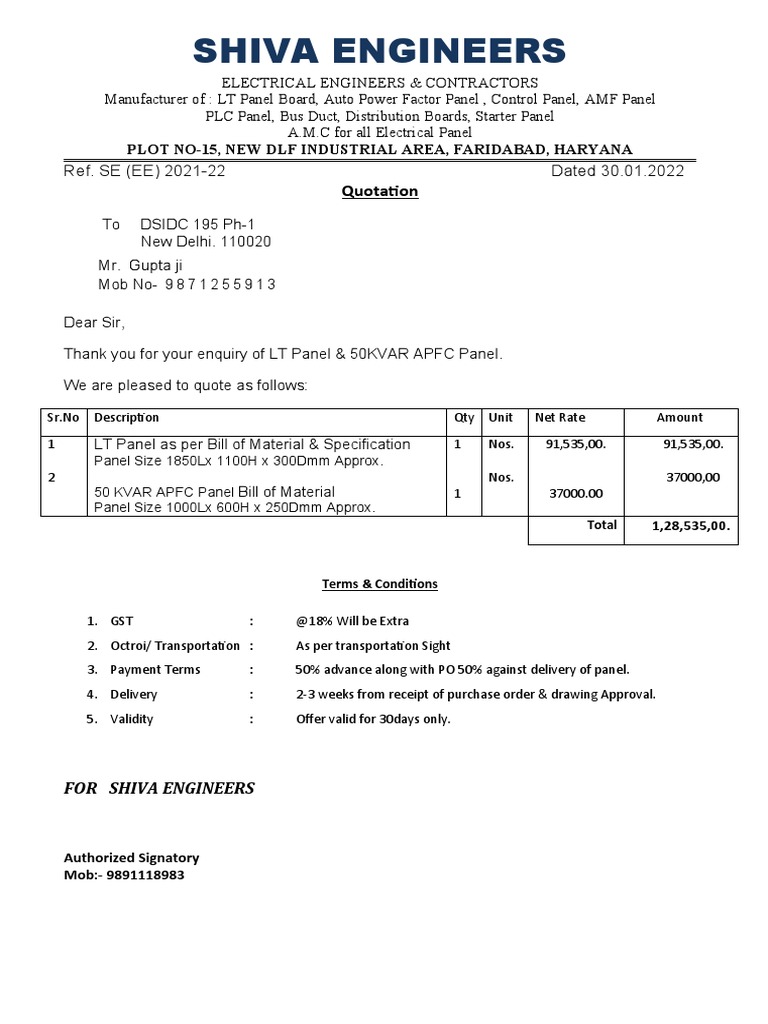 Shiva Engineers: Quotation | PDF | Electrical Engineering | Electricity