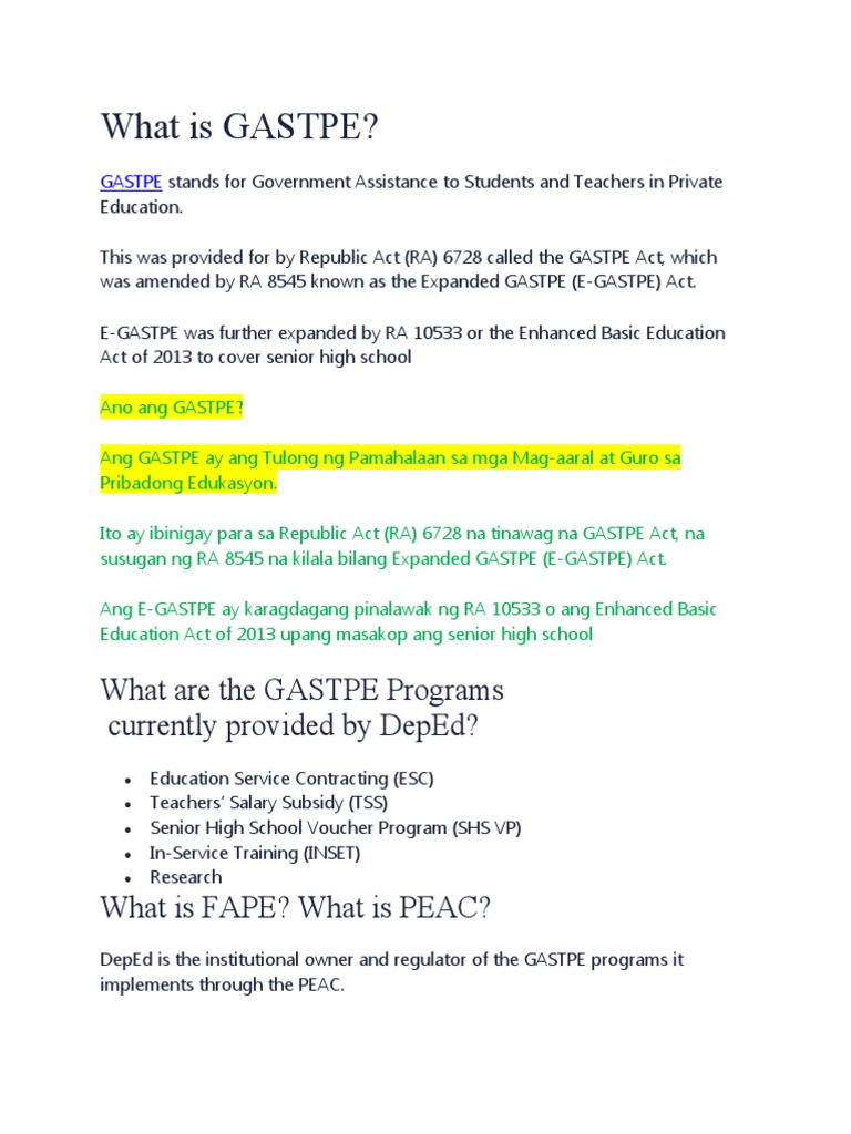 What is GASTPE and its Programs (ESC, TSS, SHS VP | PDF | School ...