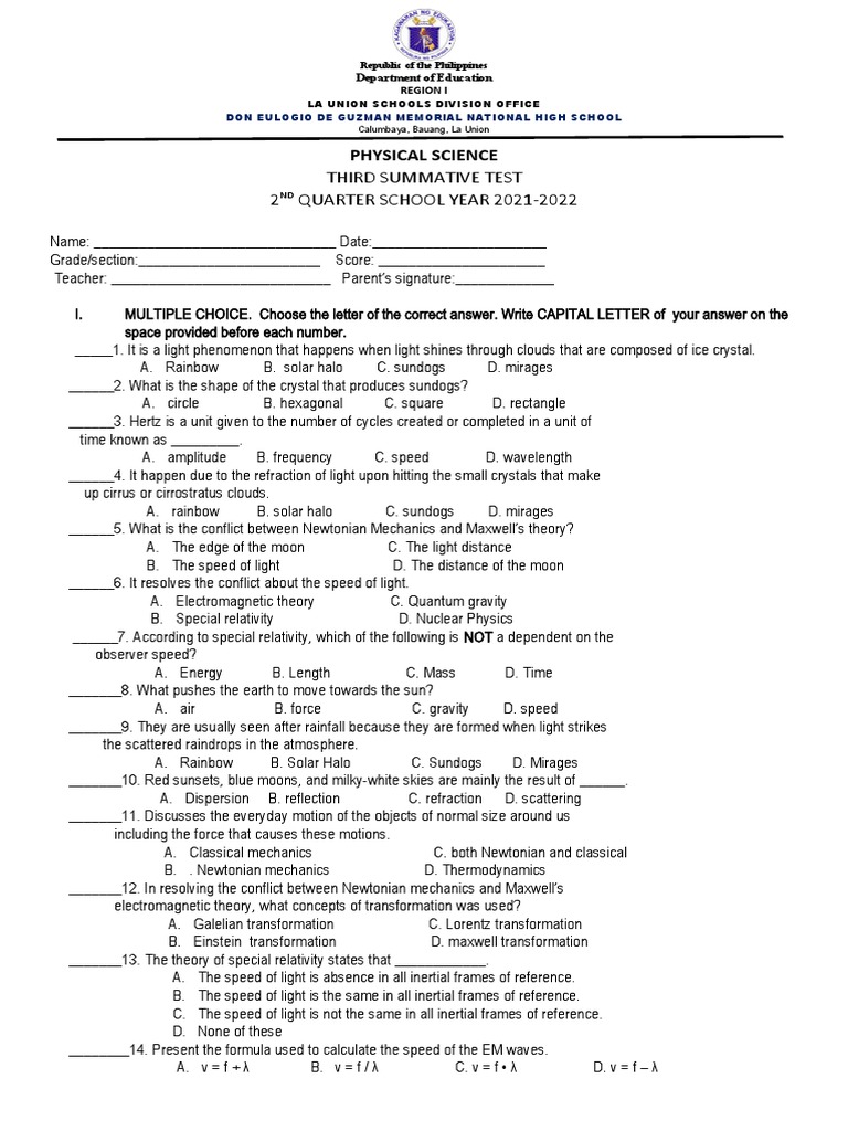 Third Summative Test 2 Quarter School Year 2021-2022: Physical Science ...