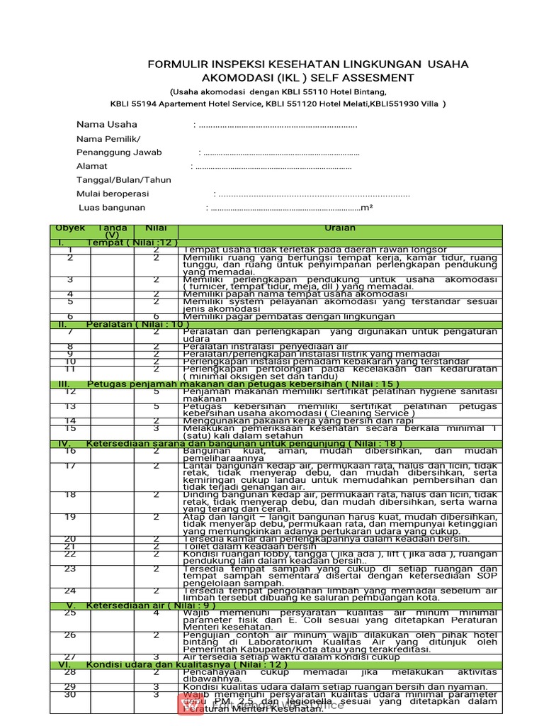 Formulir Inspeksi Kesehatan Usaha Akomodasi | PDF