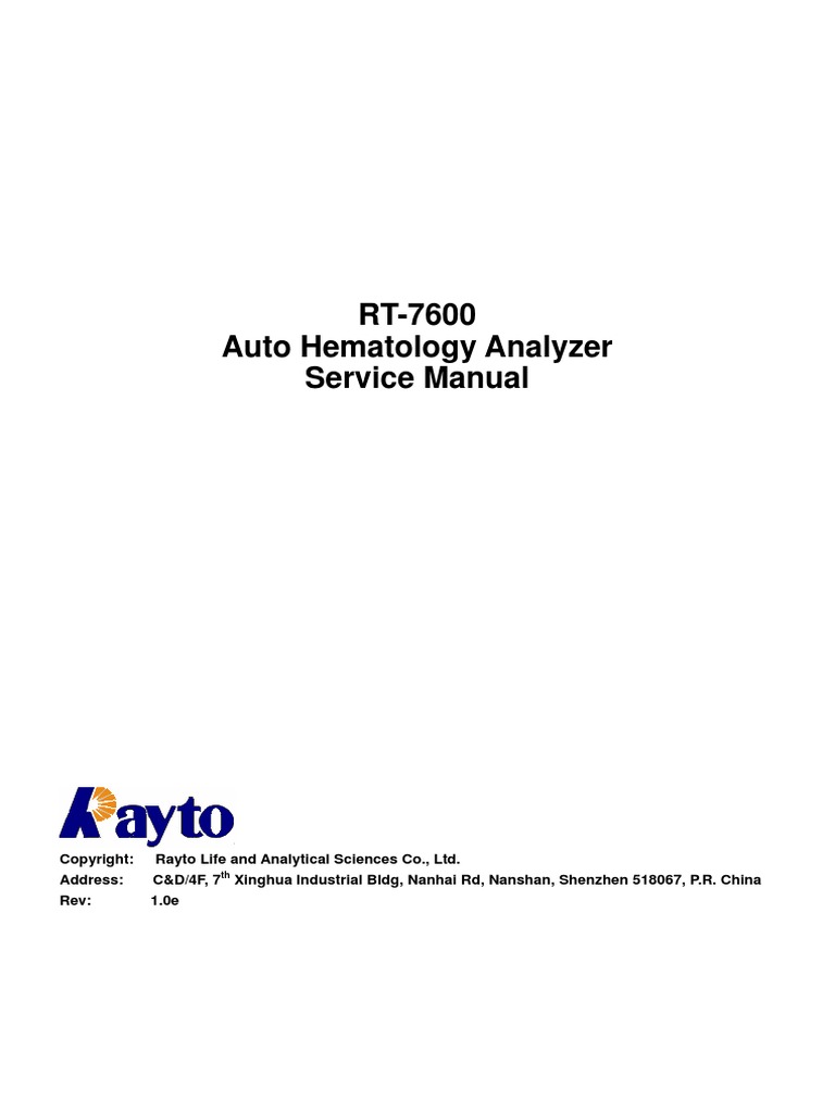 RT-7600 Auto Hematology Analyzer Service Manual | PDF | Valve ...