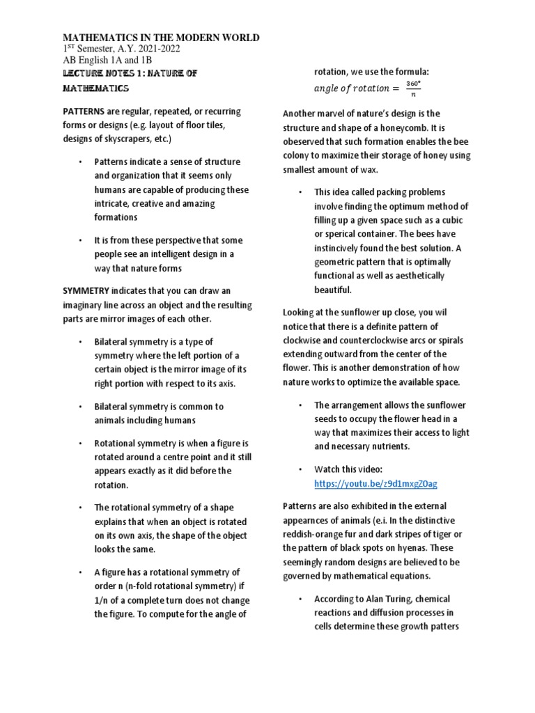 Lecture Notes. Mathematics in The Modern World | PDF | Pattern | Symmetry