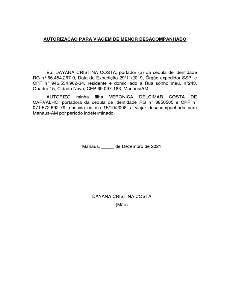 Autorização para Viagem de Menor Desacompanhado | PDF Autorização para Viagem de Menor Desacompanhado | PDF