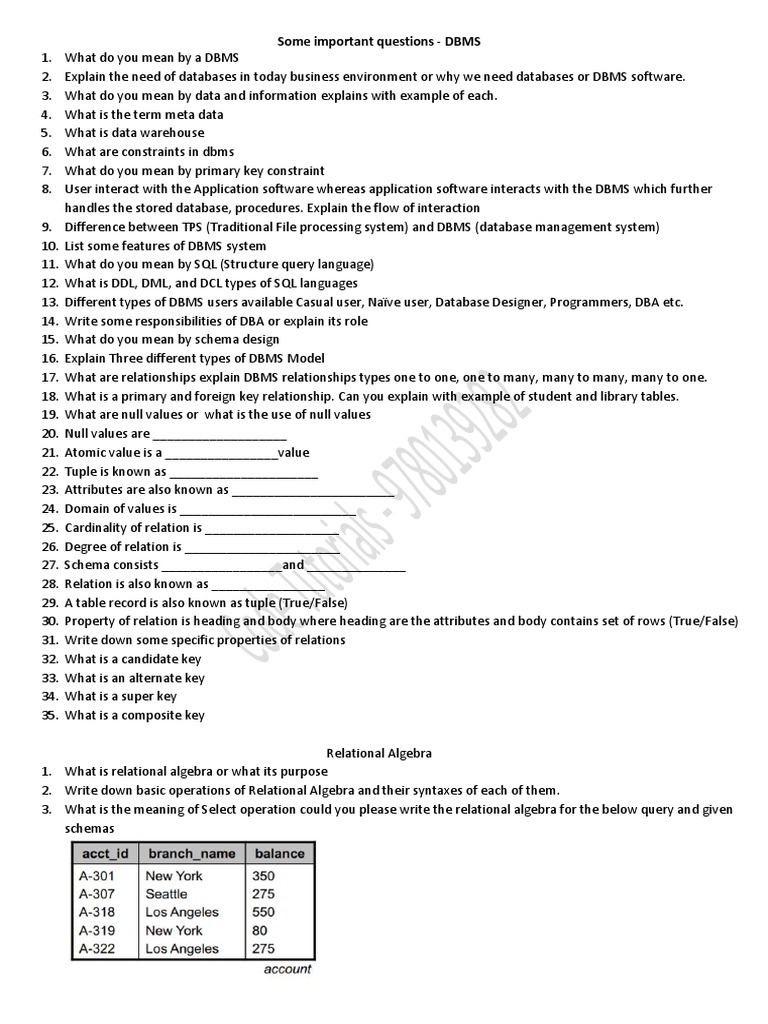 DBMS Some Important Questions | PDF | Relational Model | Databases DBMS Some Important Questions | PDF | Relational Model | Databases