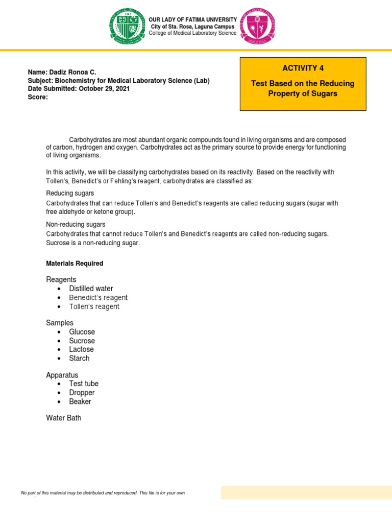Reducing Sugars Lab Activity | PDF | Carbohydrates | Chemistry