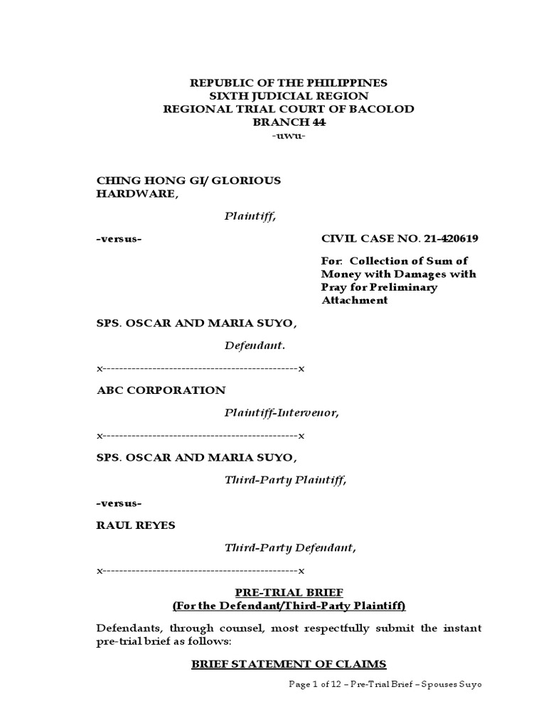 Pre-Trial-Brief Sample | Download Free PDF | Lawsuit | Private Law
