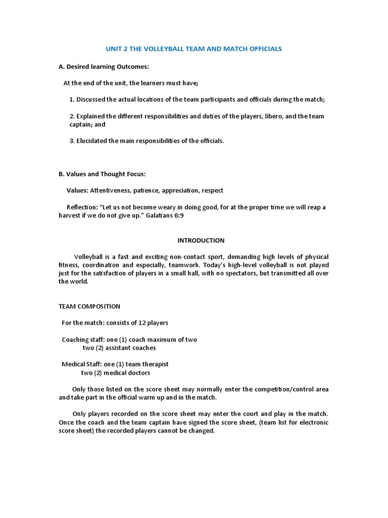 Unit 2 The Volleyball Team and Match Officials | PDF | Volleyball | Referee