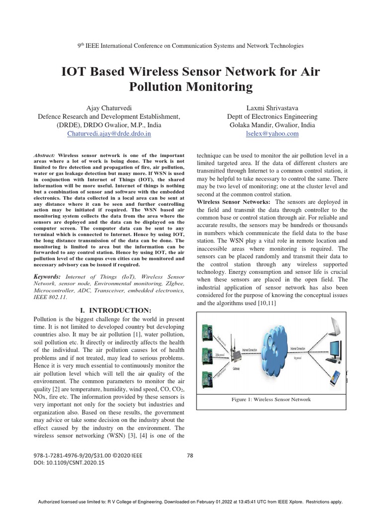 Iot Based Wireless Sensor Network For Air Pollution Monitoring Pdf Wireless Sensor Network