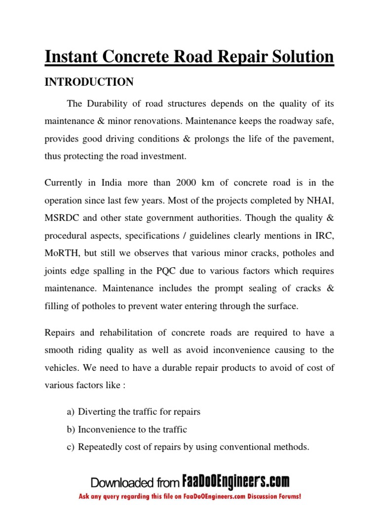 Instant Concrete Road Repair Solution | PDF | Road | Concrete