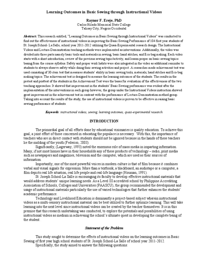 Learning Outcomes in Basic Sewing Through Instructional Videos | PDF ...