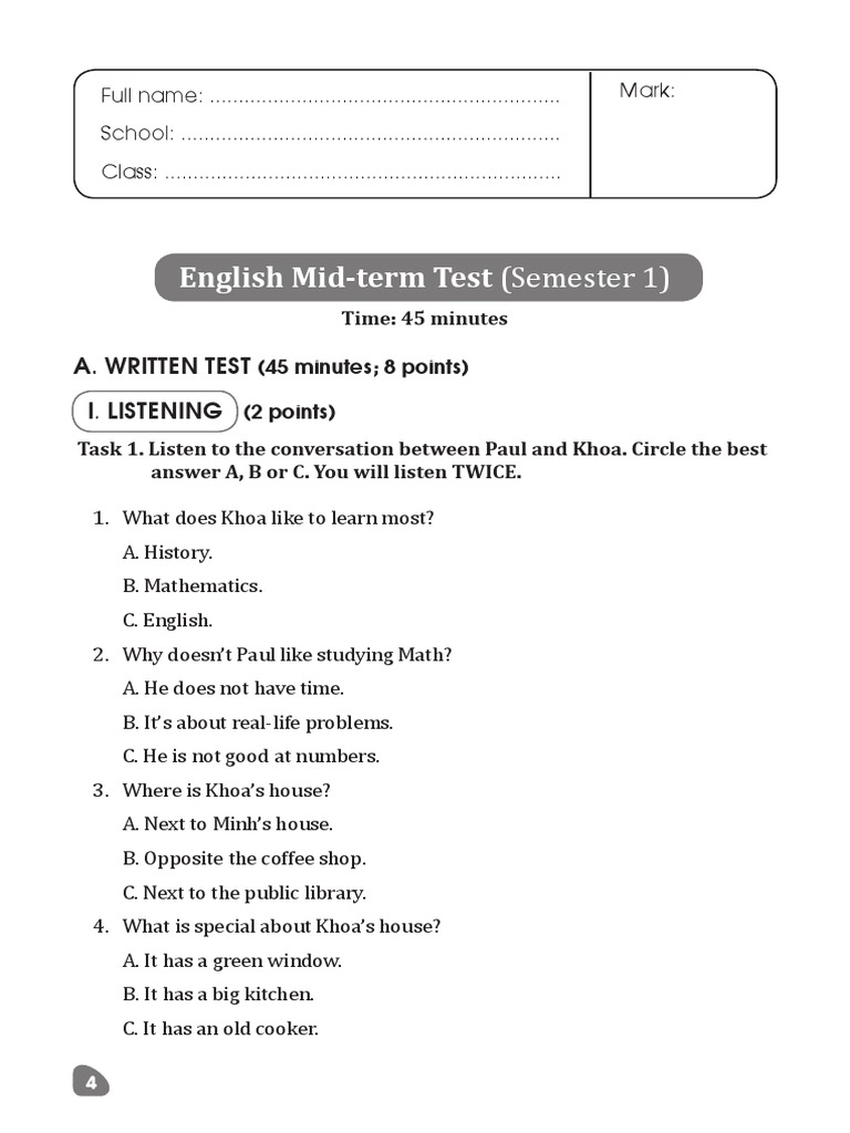 English Mid-term Test Semester 1 | PDF