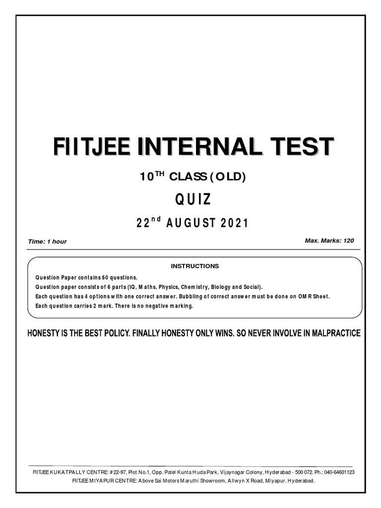 FIITJEE Internal Test: An Analysis of Questions from the 10th Class IQ ...
