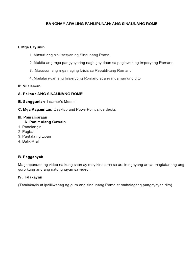 Lesson Plan Sinaunang Rome 1 | PDF