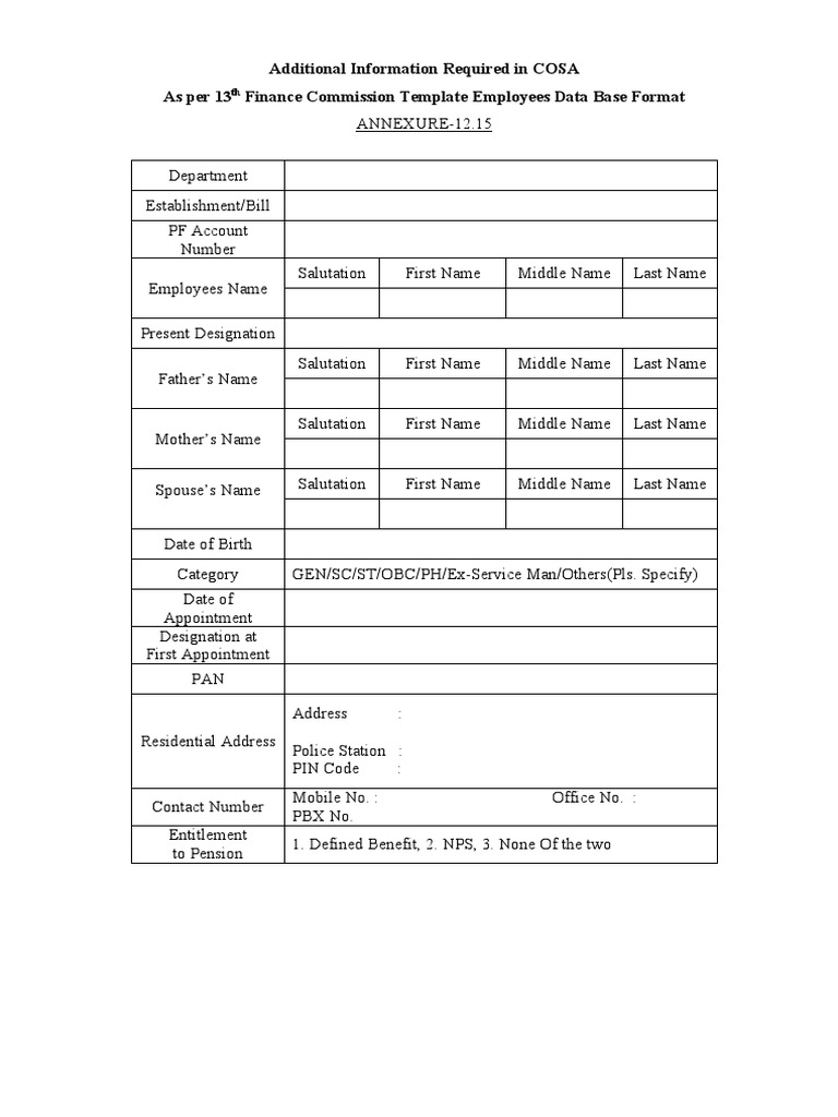COSA-Employees Data Base-Blank Form | PDF
