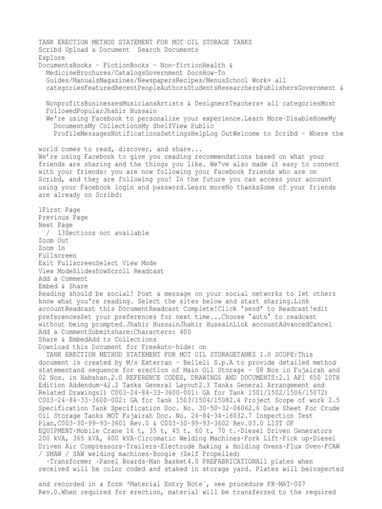 Tank Erection Method Statement For Mot Oil Storage Tanks | PDF | Scribd | Welding