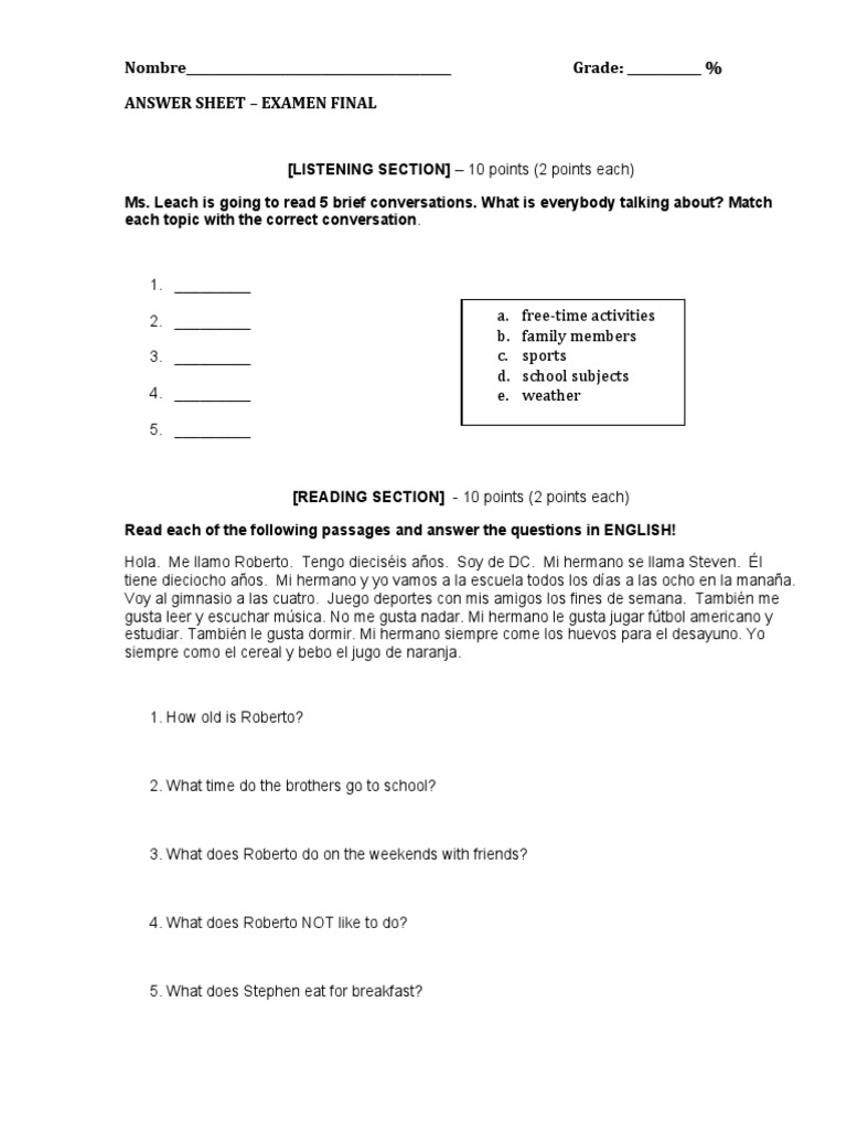 Nombre - Grade: - % Answer Sheet - Examen Final | PDF