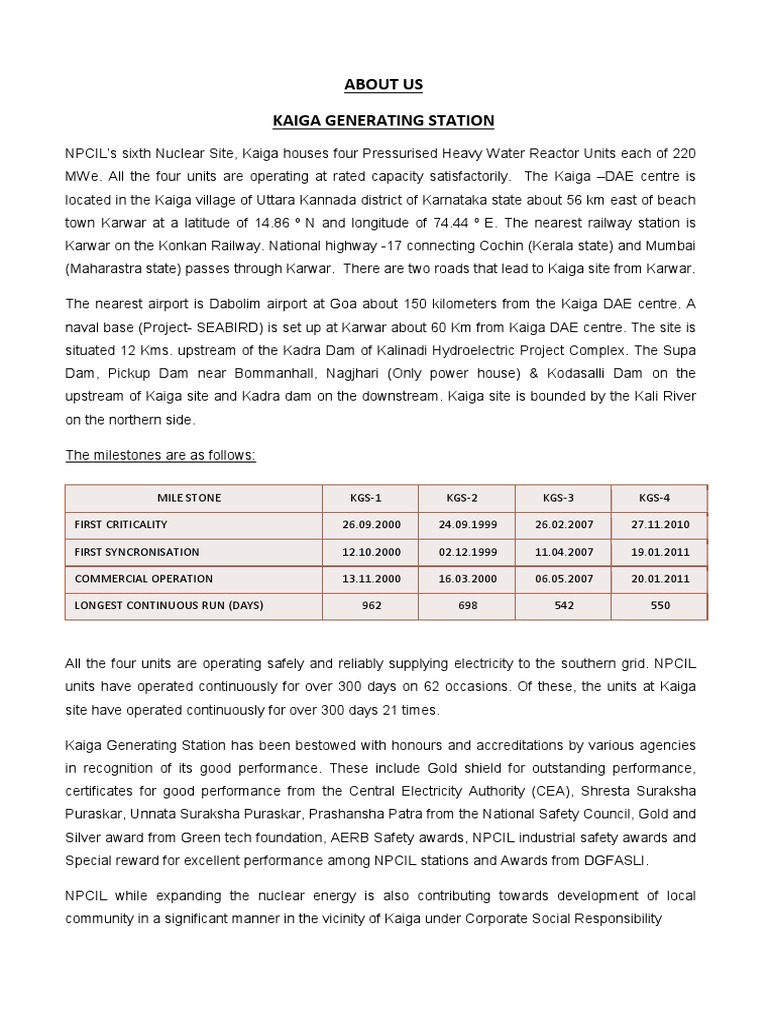 About Us Kaiga Generating Station | PDF | Nature | Power (Physics)