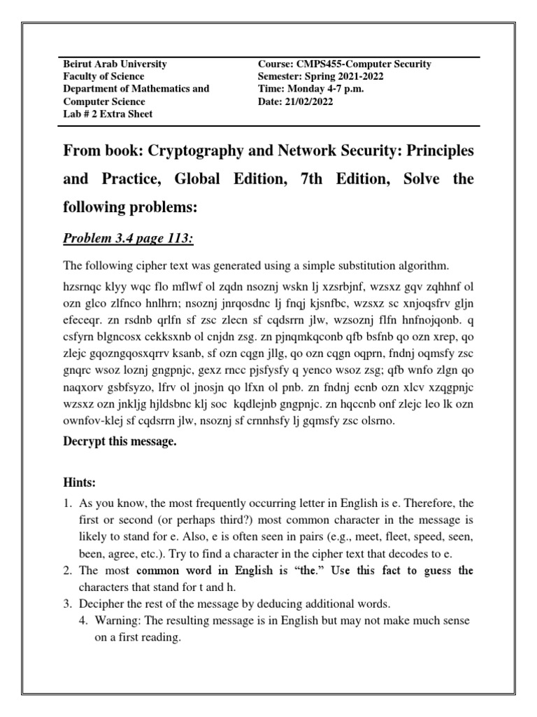 Security - Lab 2 - Extra Sheet | PDF | Cipher | Cryptography