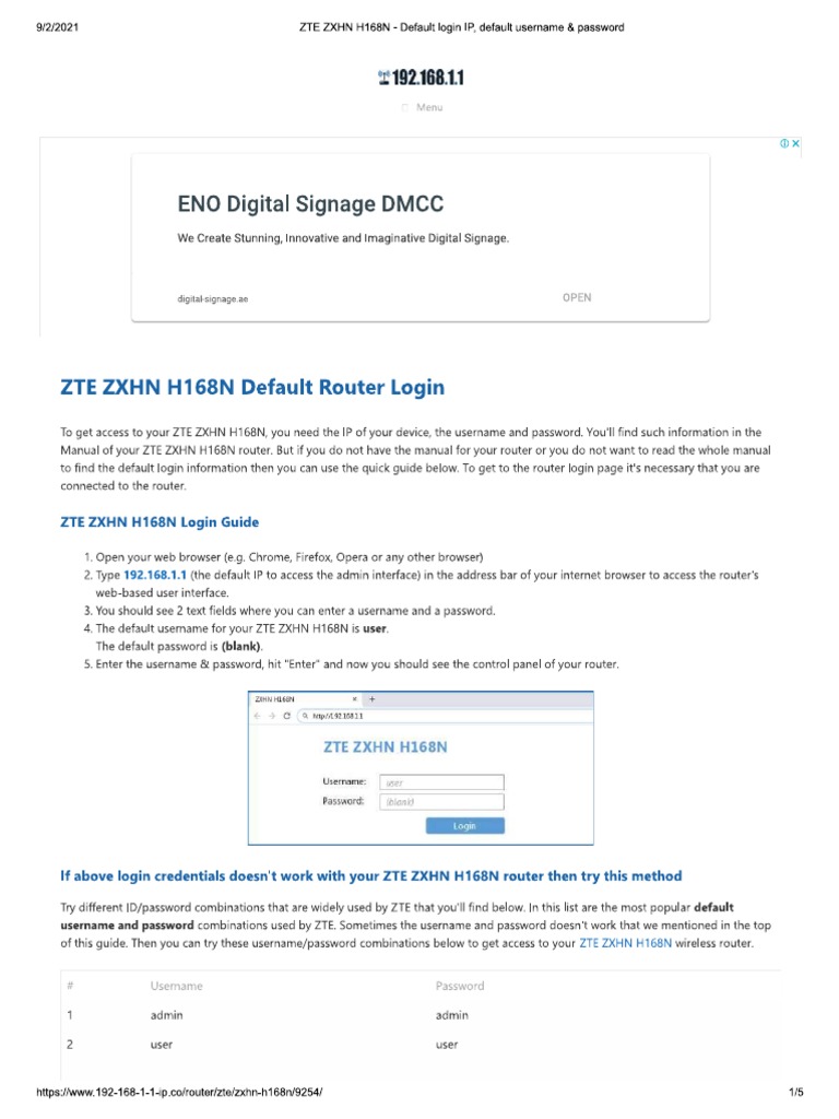 ZTE ZXHN H168N Default Router Login | PDF