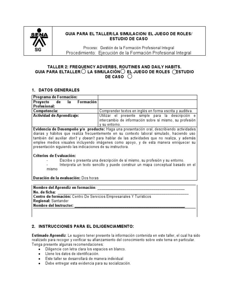 Taller sobre Adverbios de Frecuencia y Rutinas | PDF | Evaluación ...