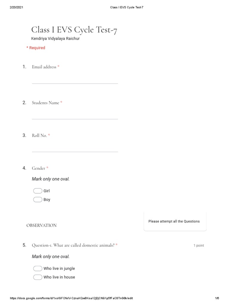 Class I EVS Cycle Test-7 - Google Forms | PDF | Organisms