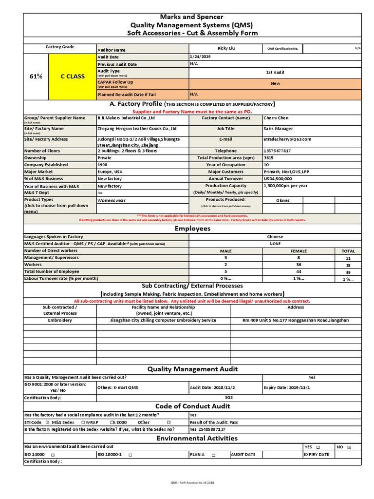 Marks and Spencer Quality Management Systems (QMS) Soft Accessories ...