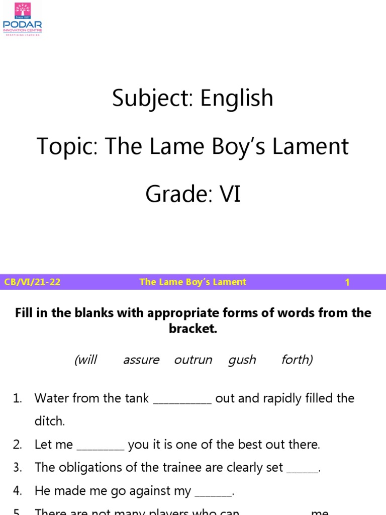 CBSE - VI - Eng - The Lame Boy - S Lament | PDF | Poetry | Poetic Devices