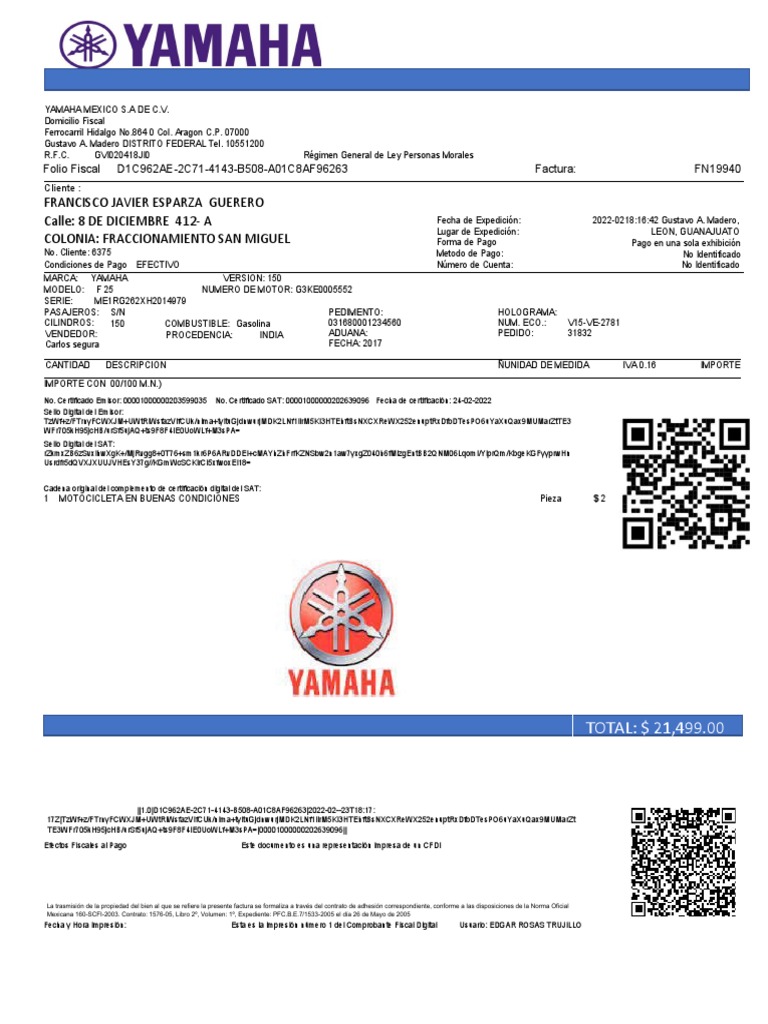 YAMAHA MEXICO S.A DE C.V. factura motocicleta | PDF