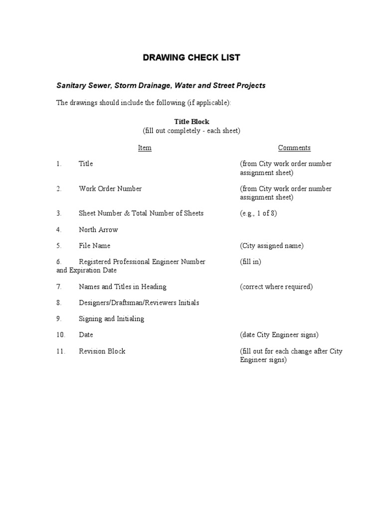 Drawing Checklist for City Projects | PDF | Street | Sanitary Sewer