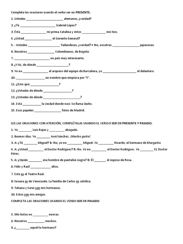 Ejercicios del verbo ser en presente y pasado | PDF | Estudios de ...