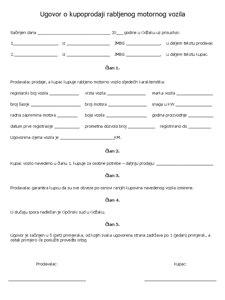 Ugovor o Kupoprodaji Rabljenog Motornog Vozila | PDF
