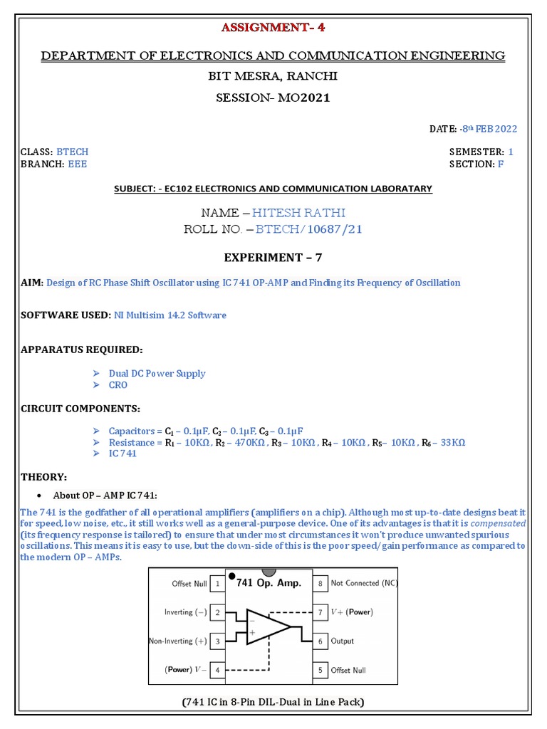 Assignment 4 - BTECH 10687 21 | PDF | Operational Amplifier | Amplifier