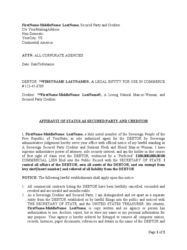 Affidavit of Status As Secured Party and Creditor | PDF | Government ...