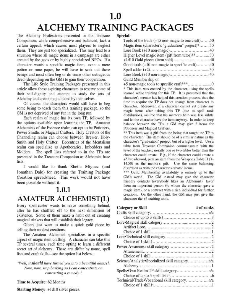 1.0 Alchemy Training Packages: Amateur Alchemist (L) | PDF