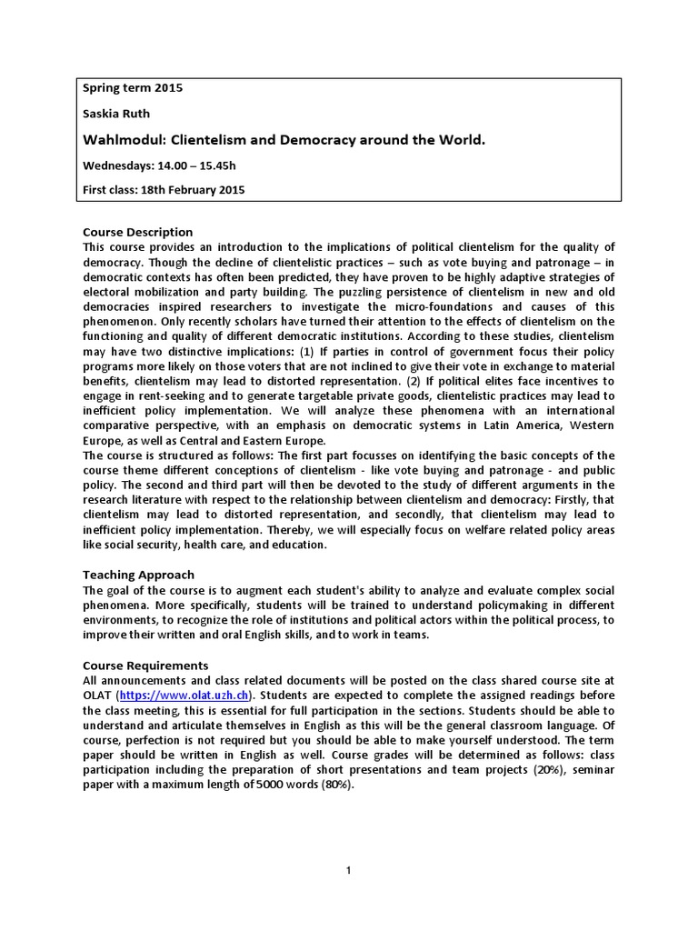 Wahlmodul: Clientelism and Democracy Around The World.: Spring Term ...