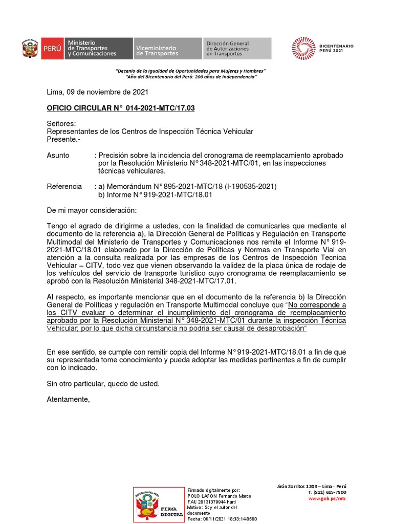 Oficio Circular 014-2021-MTC-17.03 | PDF | Perú | Gobierno