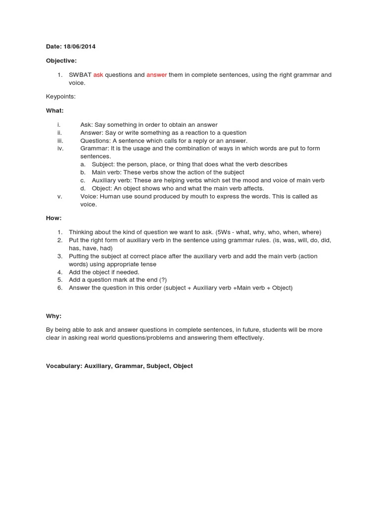 Ask Answer: Date: 18/06/2014 Objective | PDF | Question | Verb