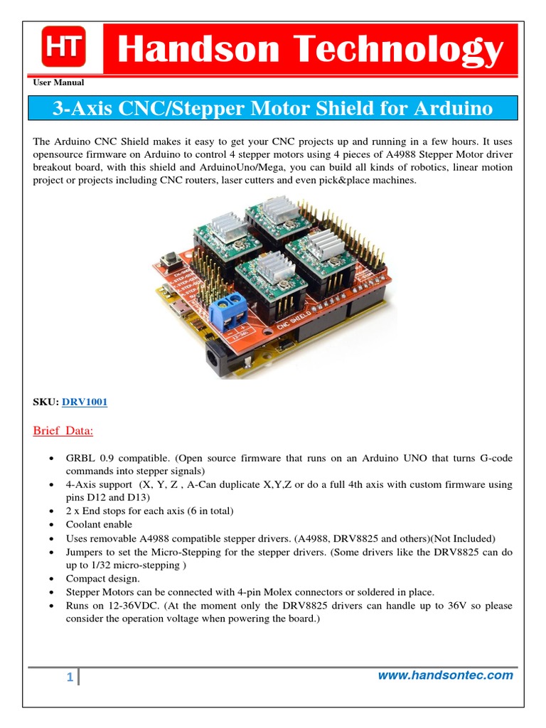 Handson Technology: 3-Axis CNC/Stepper Motor Shield For Arduino | PDF | Numerical Control | Arduino