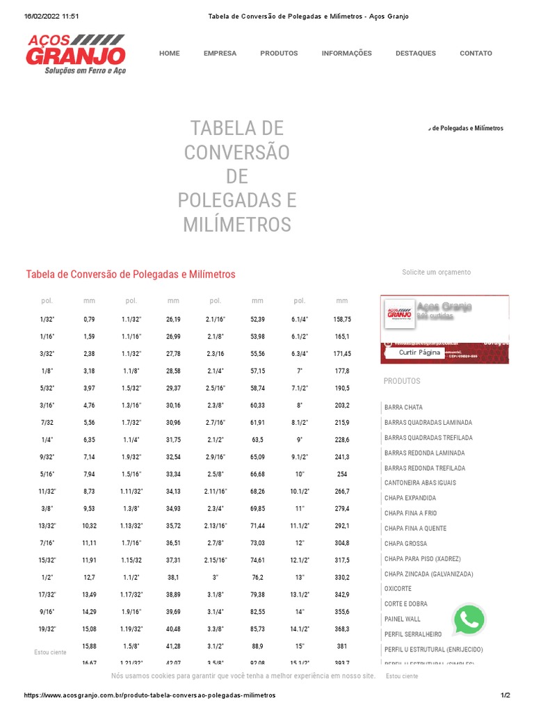 Tabela de Conversão de Polegadas e Milímetros - Aços Granjo | PDF
