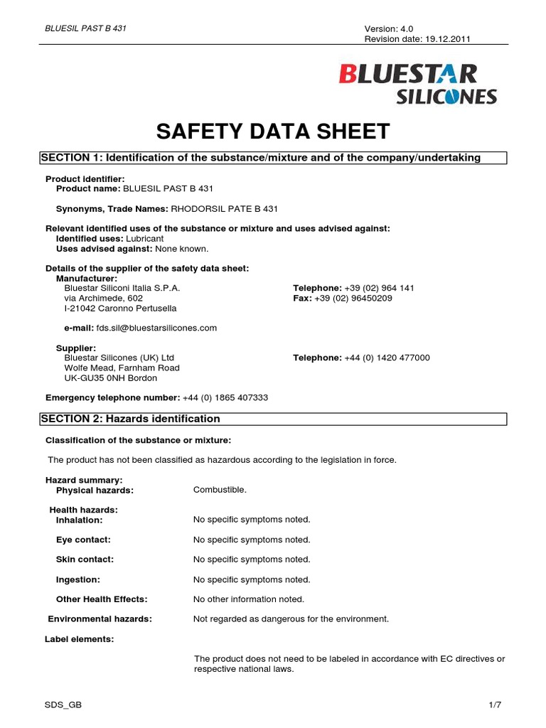 BLUESIL PAST B 431 - Inglés | PDF | Toxicity | Waste Management