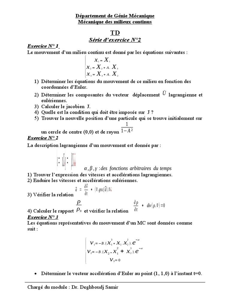 Serie D'exercices N°2 | PDF | Mécanique des milieux continus | Accélération