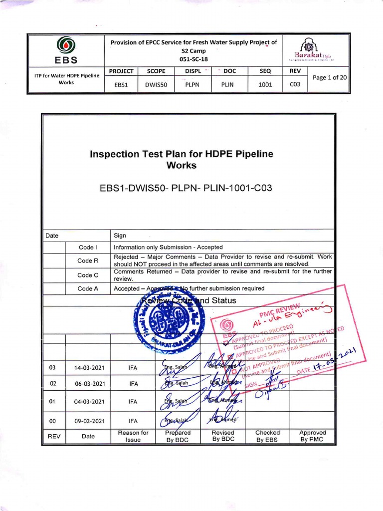 Approved - Inspection and Test Plan For HDPE Pipeline Works | PDF