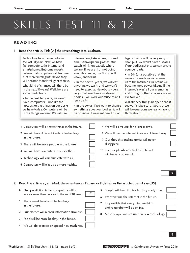 Think Level 1 Skills Test Units 11-12 | PDF | Internet
