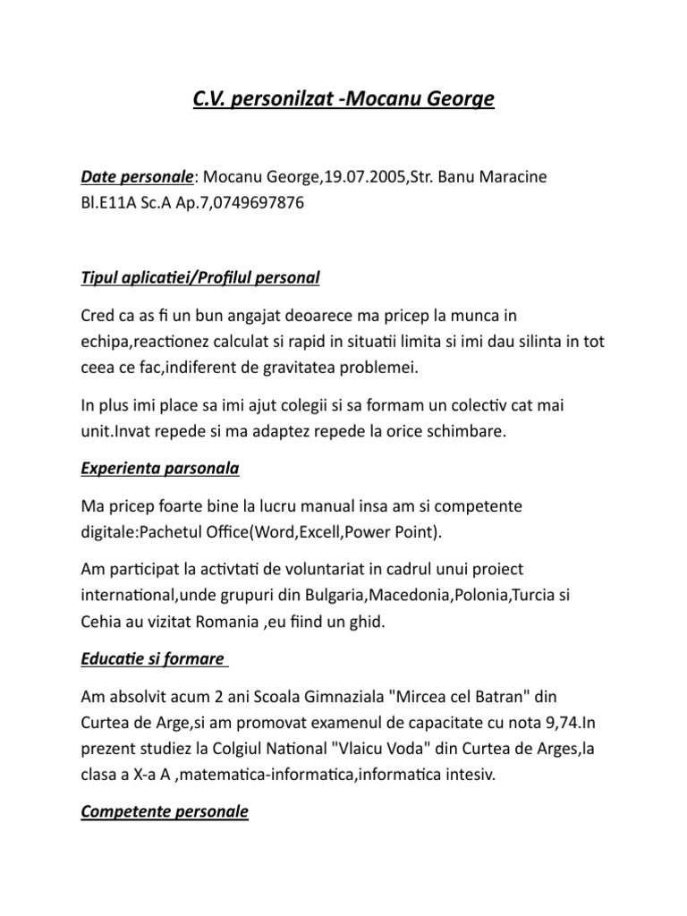 C.V. Personilzat - Mocanu George | PDF