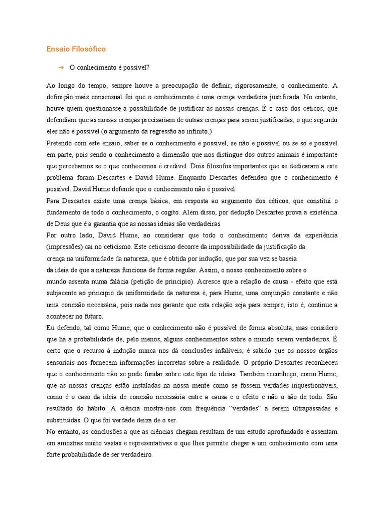 Ensaio Filosófico Exemplo | PDF | Conhecimento | David Hume
