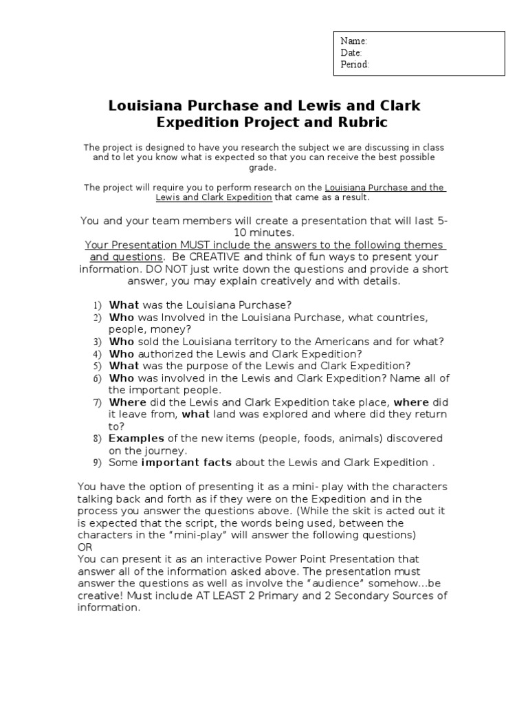 Louisiana Purchase and Lewis and Clark Expedition Project | PDF | Lewis ...