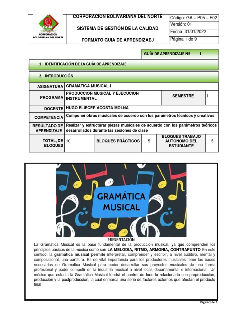 1 - Guía de Aprendizaje-GRAMATICA MUSICAL | PDF | Aprendizaje | Gestión ...