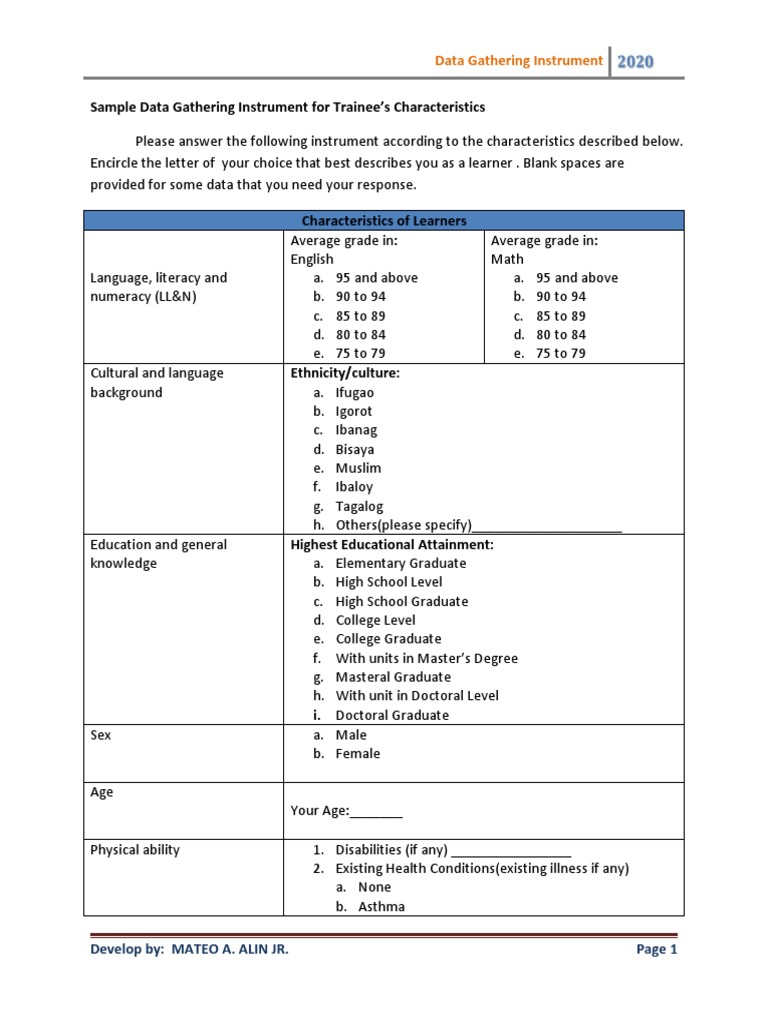 Sample Data Gathering Instrument For Trainee | PDF | Learning ...