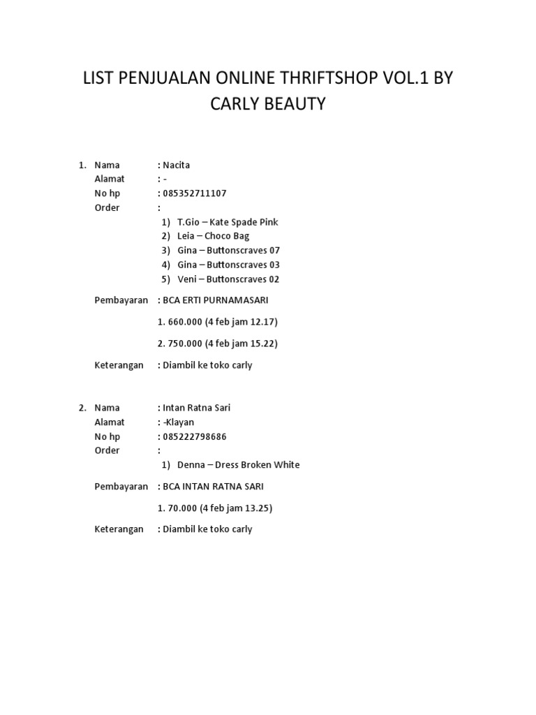 Daftar Pesanan Thriftshop Carly | PDF
