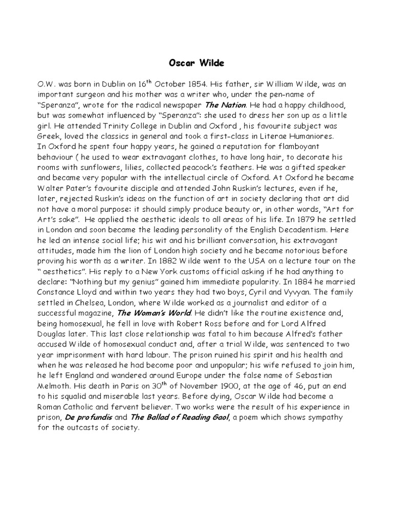 Oscar Wilde: A Biography Detailing the Life and Literary Career of the ...